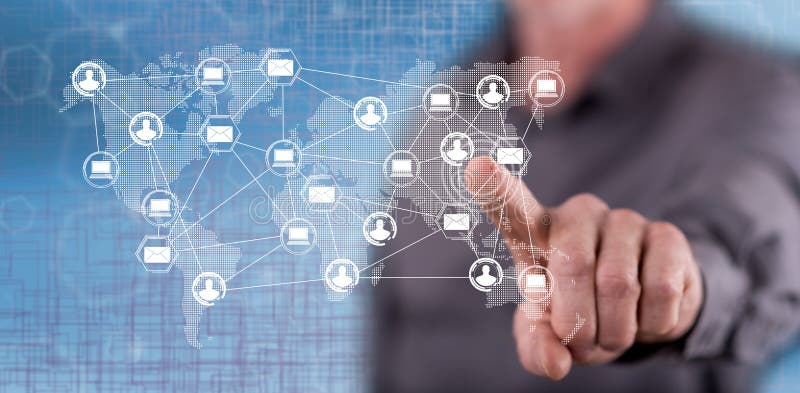 Man Touching a Global Network Technology Concept Stock Image - Image of ...