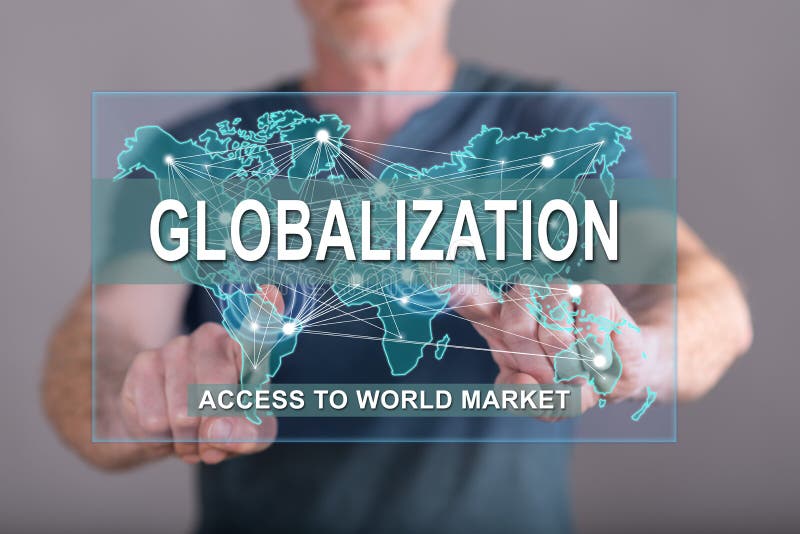 Man Touching a Globalization Concept on a Touch Screen Stock Photo ...