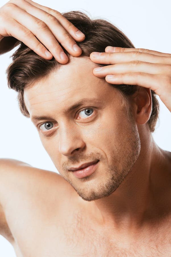 Man Touching Hair and Looking at Stock Image - Image of healthcare ...