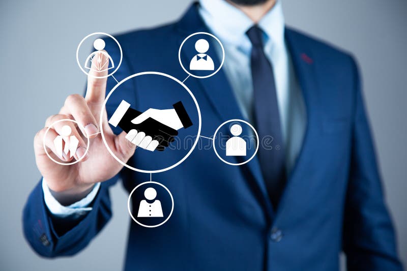 Man Touching Handshake and Team Icon Stock Image - Image of internet ...