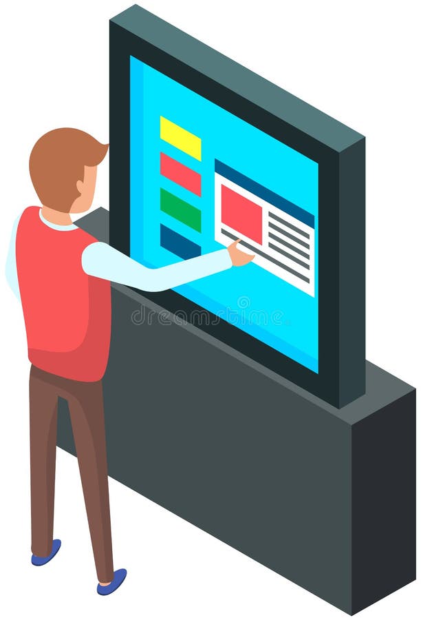 Man Touching High-tech Screen in Isometric Illustration Standing Near ...