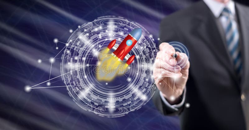 Man Touching a High Technology Startup Stock Image - Image of creative ...