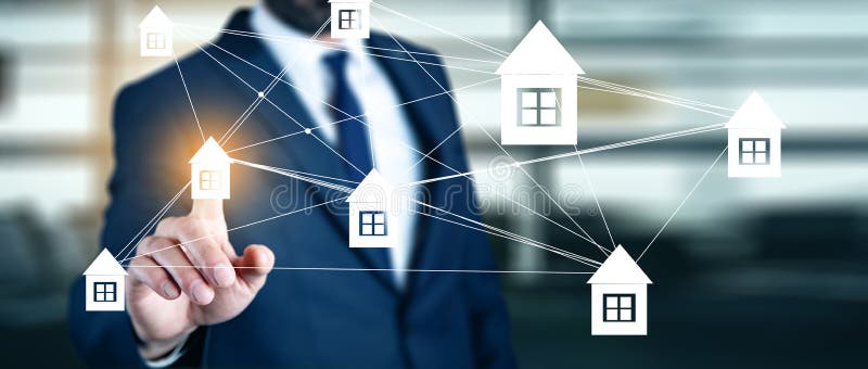 Man touching house network stock photo. Image of multimedia - 267739854