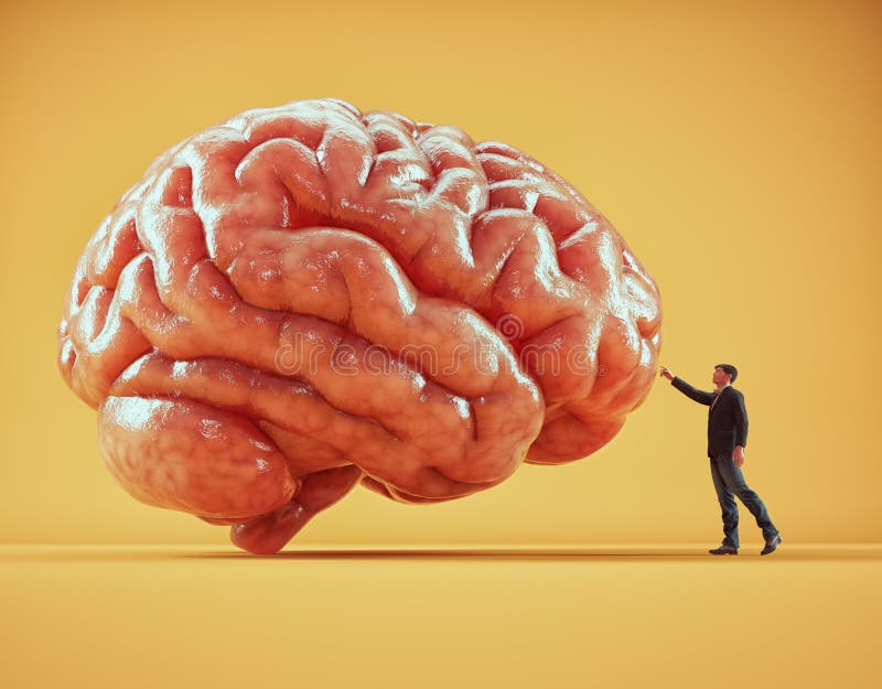Man Touching a Huge Human Brain. Mental Capacity, Cognitive Processing ...