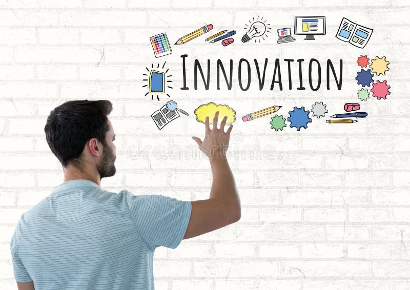 Man Touching Innovation Text with Drawings Graphics Stock Illustration ...