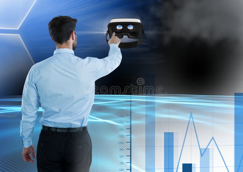 Man Touching and Interacting with Virtual Reality Headset with ...