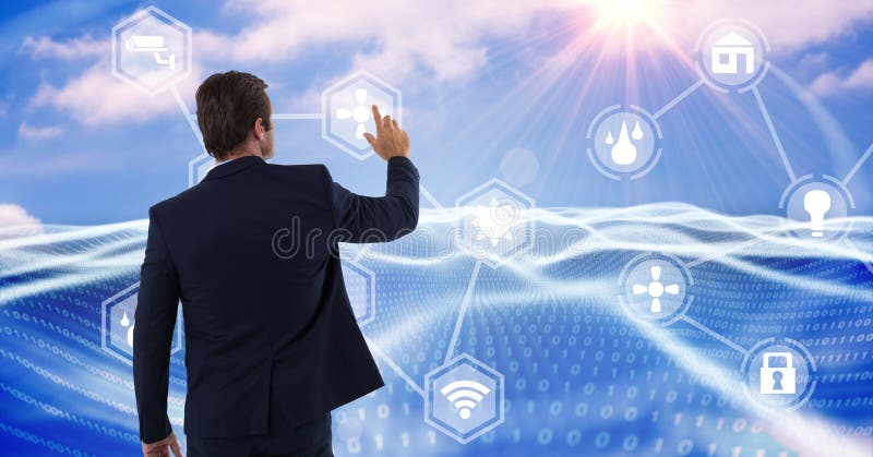 Man Touching Interface Icons Stock Photo - Image of clouds, gesturing ...