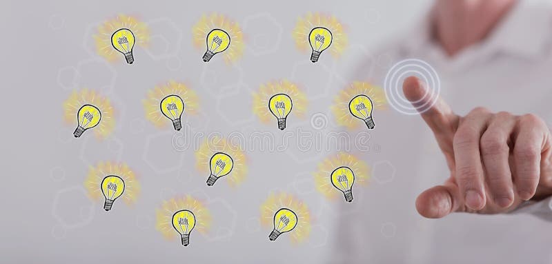 Man Touching Light Bulbs on a Touch Screen Stock Image - Image of ...