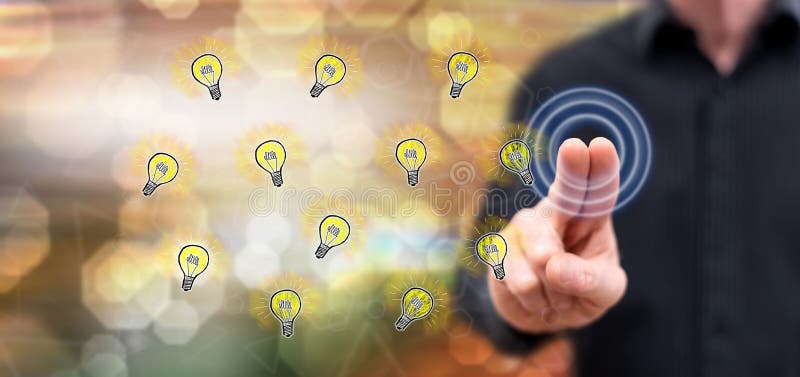 Man touching light bulbs stock image. Image of screen - 176529167