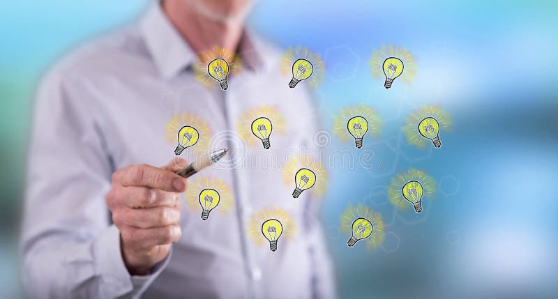 Man Touching Light Bulbs on a Touch Screen Stock Photo - Image of ...