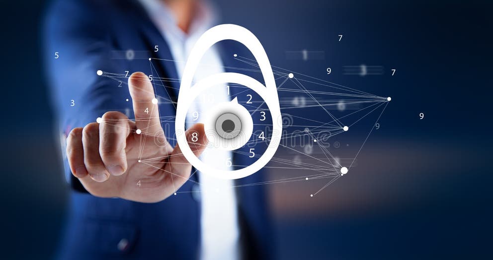 Man Touching Lock in Screen Stock Photo - Image of touching, protect ...