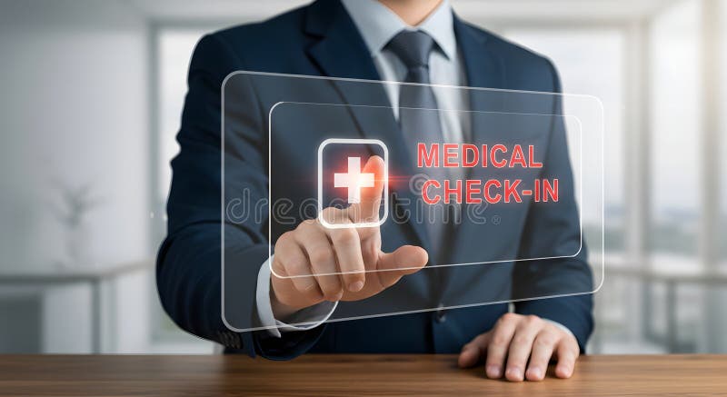Man Touching Medical Check in Button on Digital Interface Screen Stock ...