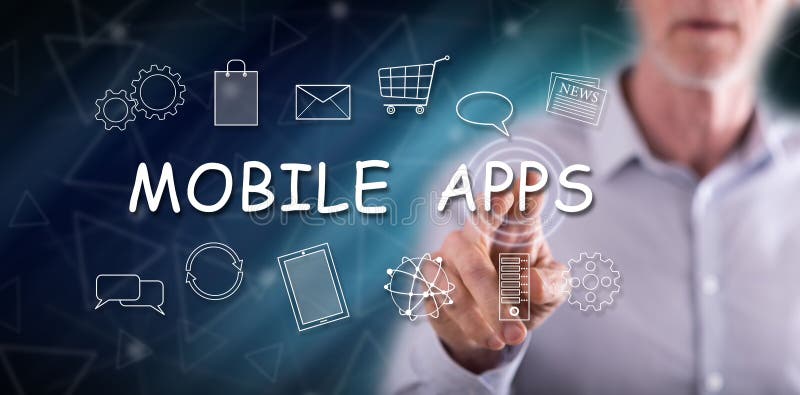 Man Touching a Mobile Apps Concept Stock Image - Image of interface ...