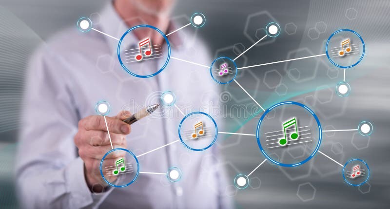 Man Touching a Music Sharing Network Stock Image - Image of screen ...