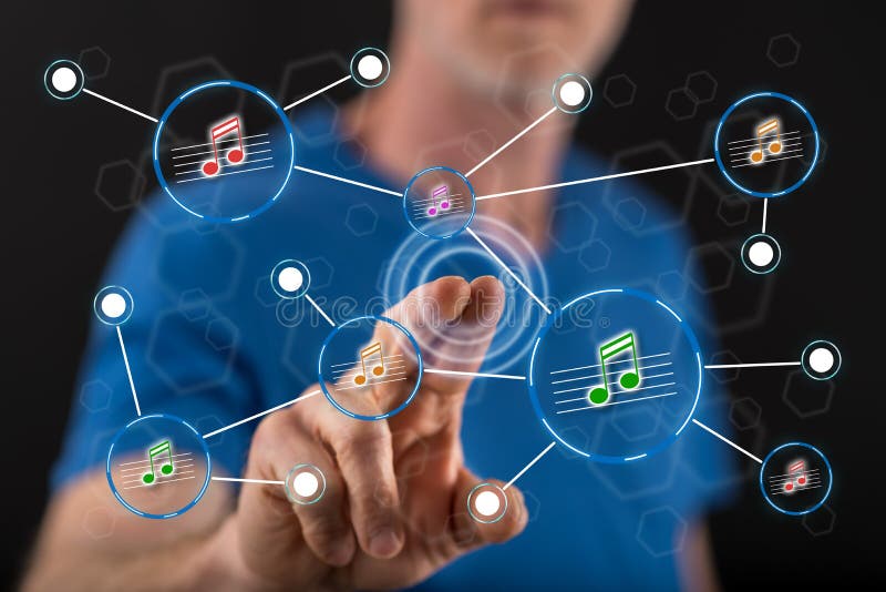 Man Touching a Music Sharing Network on a Touch Screen Stock Image ...
