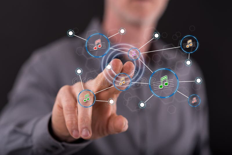 Man Touching a Music Sharing Network on a Touch Screen Stock Image ...