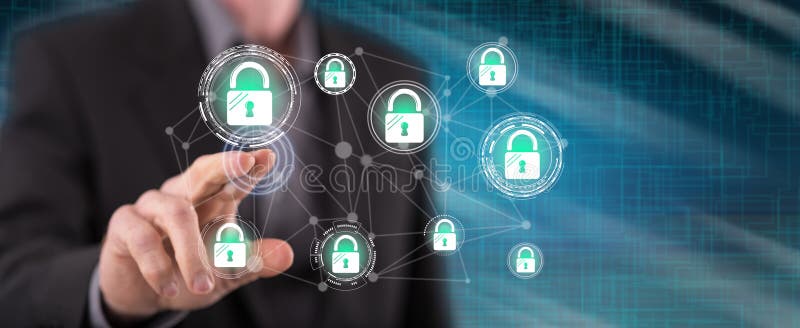 Man Touching a Network Safety Concept Stock Illustration - Illustration ...