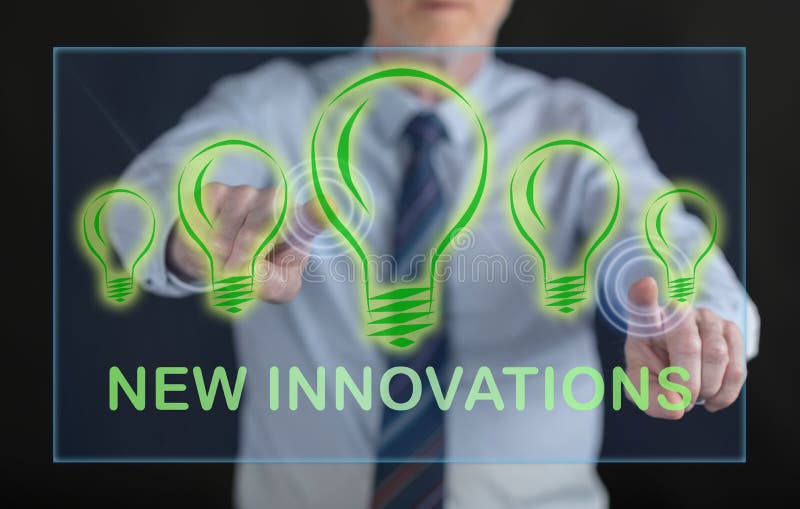 Man Touching a New Innovations Concept on a Touch Screen Stock Image ...