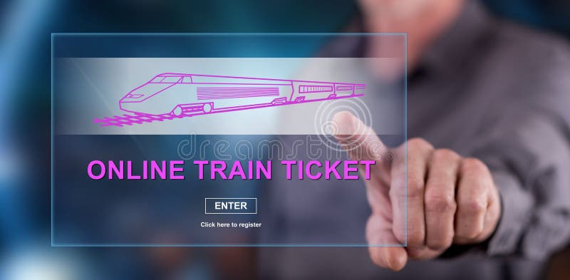 Man Touching an Online Train Ticket Concept on a Touch Screen Stock ...
