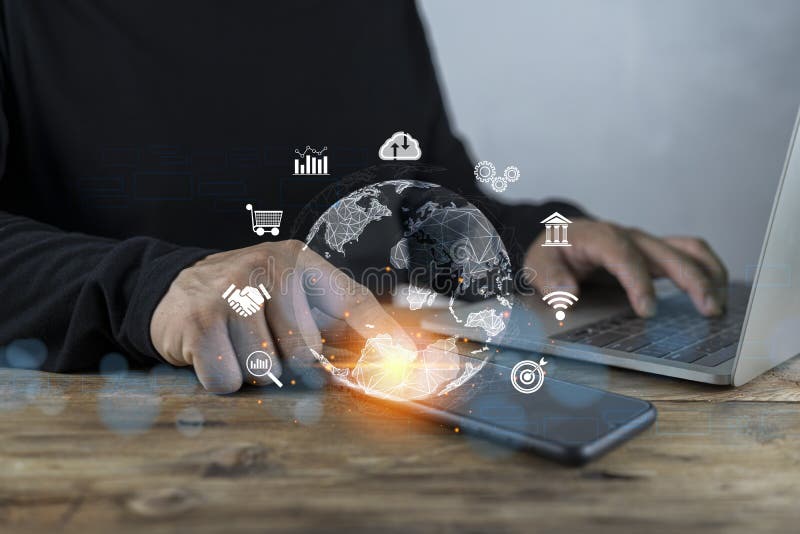 Man Touching Phone Virtual Global Internet Connection Metaverse ...