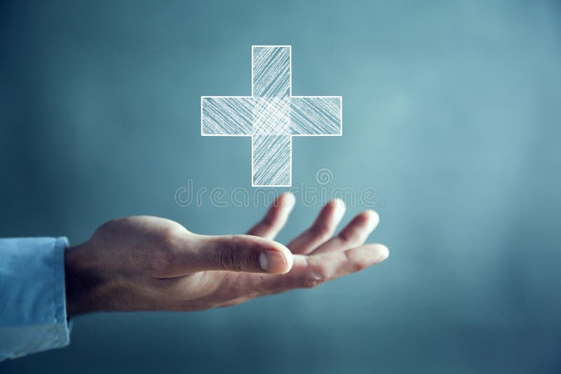 Man Touching Plus or Cross Sign in Screen Stock Photo - Image of ...