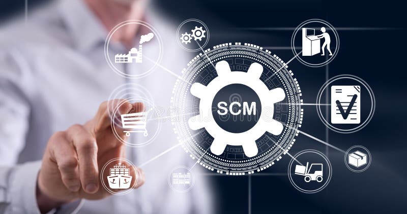 Man touching a scm concept stock photo. Image of production - 213641812