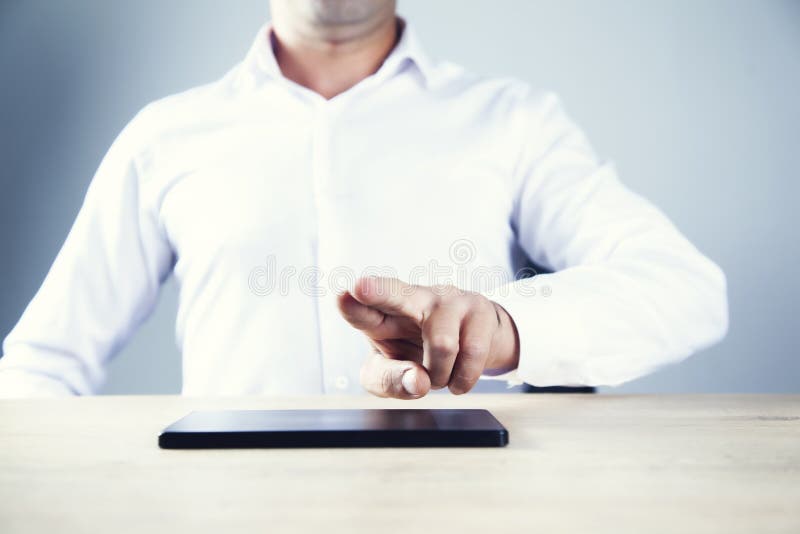 Man Touching in Screen with Tablet Stock Image - Image of adult ...