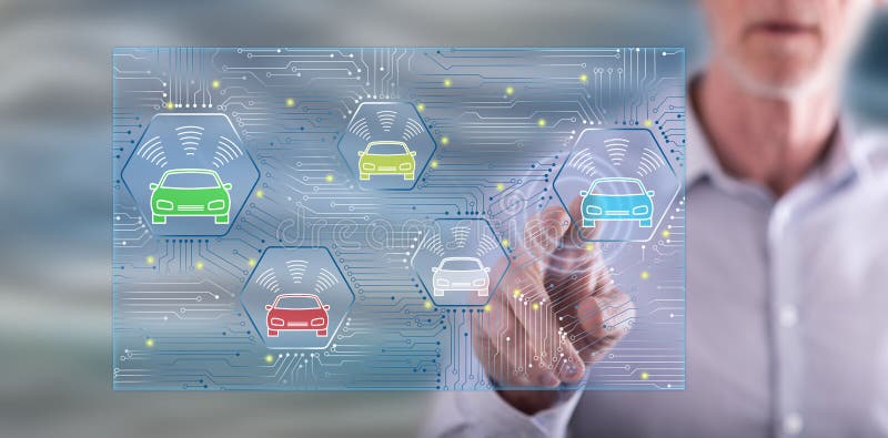 Man Touching a Self-driving Car Concept Stock Photo - Image of ...