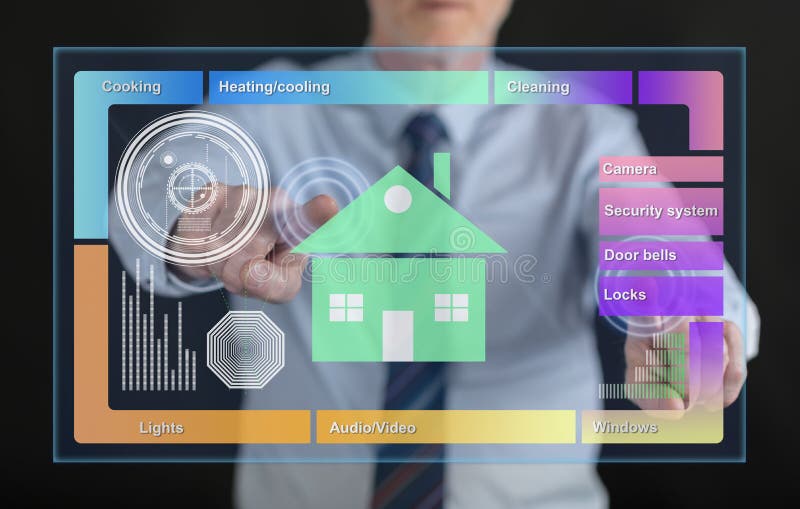 Man Touching a Smart Home Concept on a Touch Screen Stock Illustration ...