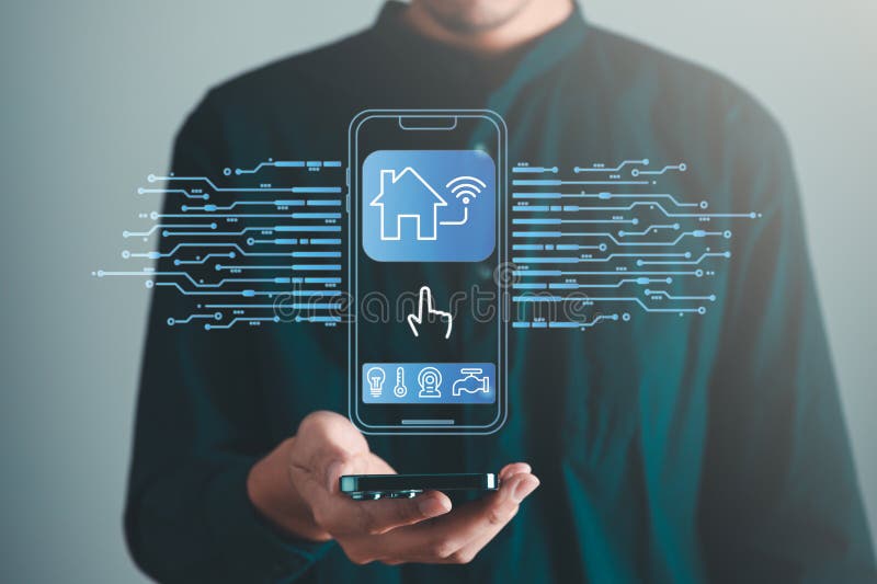 Man Touching Smart Home Interface. Smart Home Automation and Internet ...