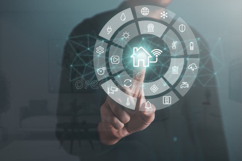 Man Touching Smart Home Interface. Smart Home Automation and Internet ...