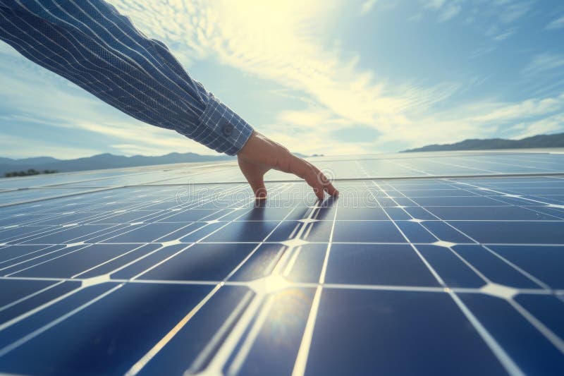 Man Touching Solar Panel Exploring Renewable Energy Technology Outdoors ...