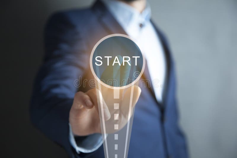 Man Touching Start in Screen Stock Image - Image of press, business ...