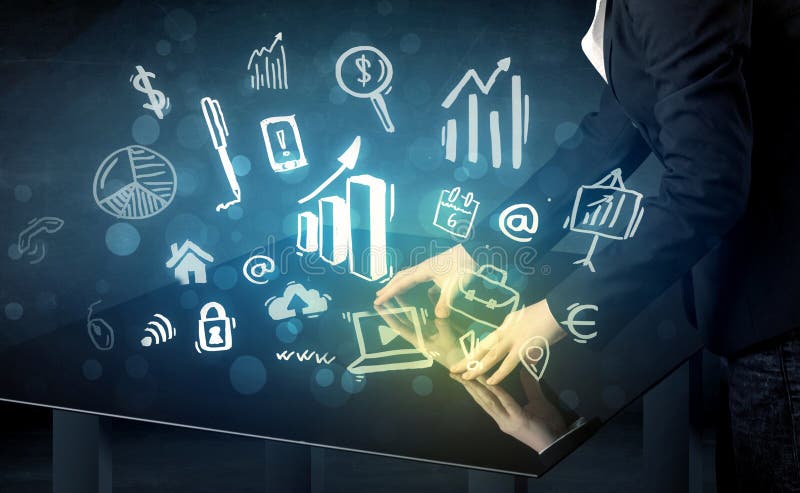 Man Touching Technology Smart Table with Business Icons Stock Image ...