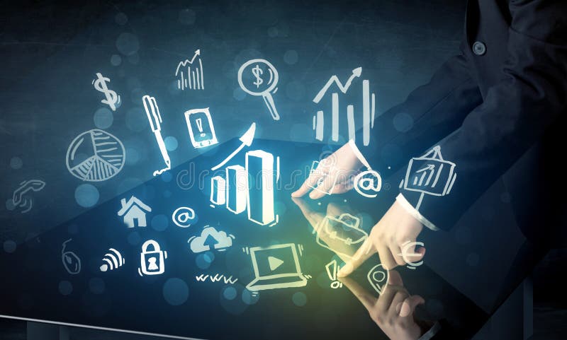 Man Touching Technology Smart Table with Business Icons Stock ...
