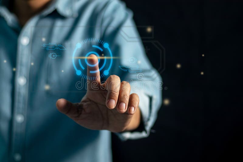 Man Touching a Touch Screen with His Finger Stock Photo - Image of ...