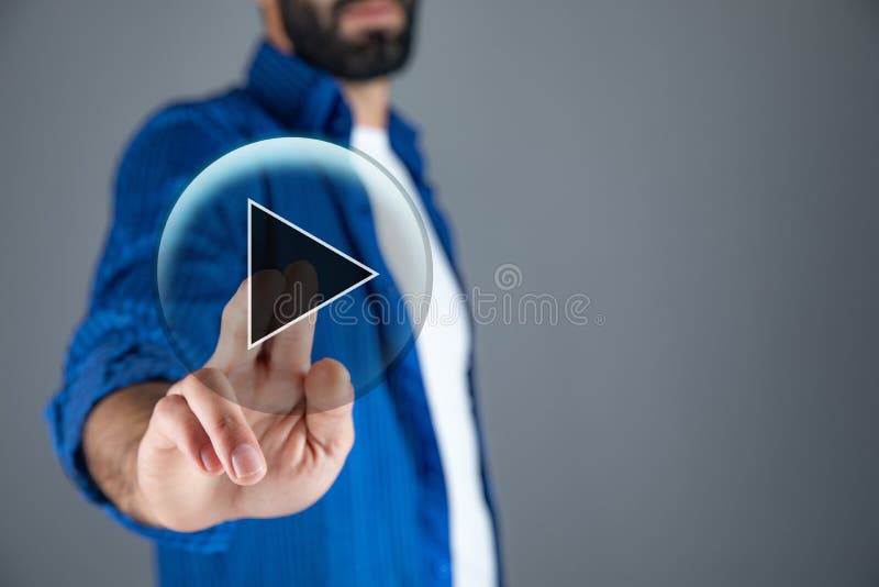 Man Touching Video Sign in Screen. Stock Photo - Image of touch, play ...