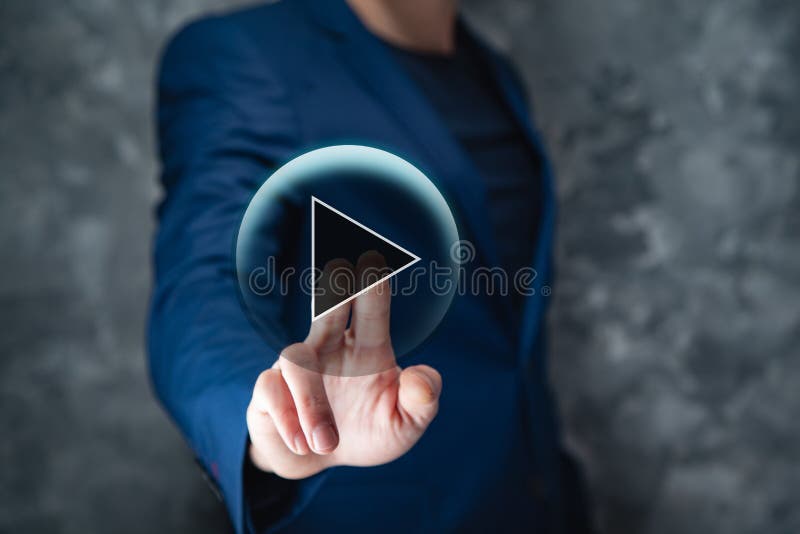 Man Touching Video Sign in Screen. Stock Photo - Image of touchscreen ...