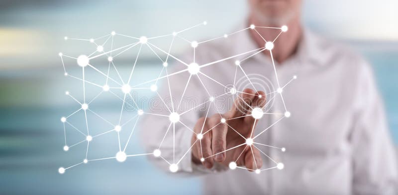 Man Touching a Virtual Network Concept on a Touch Screen Stock Image ...
