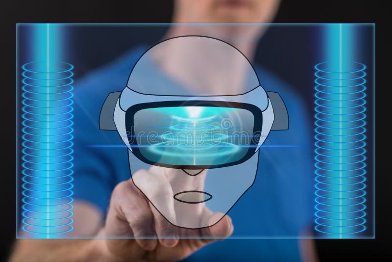 Man Touching a Virtual Reality Concept on a Touch Screen Stock ...