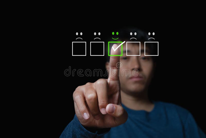 Man Touching the Virtual Screen on Smiley Face Icon on Digital Touch ...