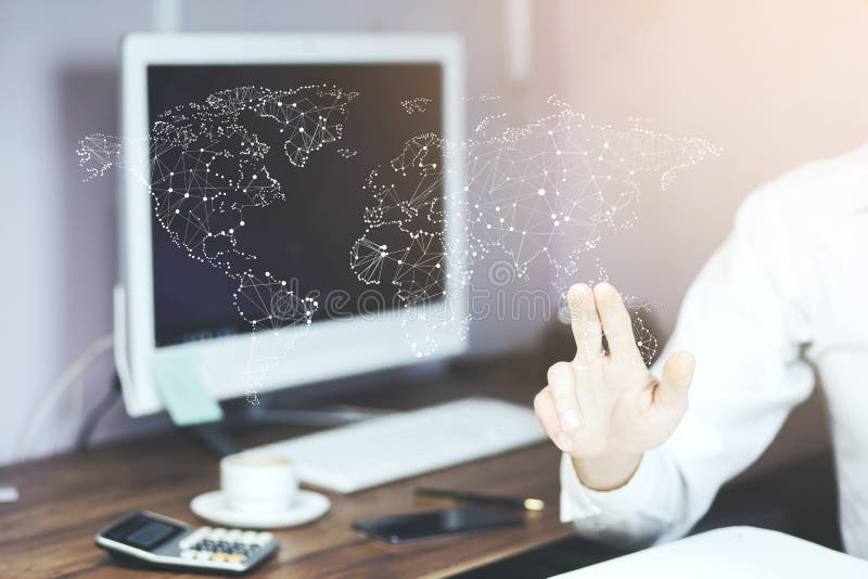 Man Touching Virtual World Map by Hand Stock Image - Image of concept ...