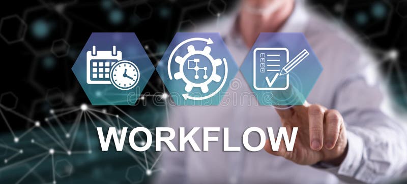Man Touching a Workflow Concept Stock Image - Image of screen, plan ...