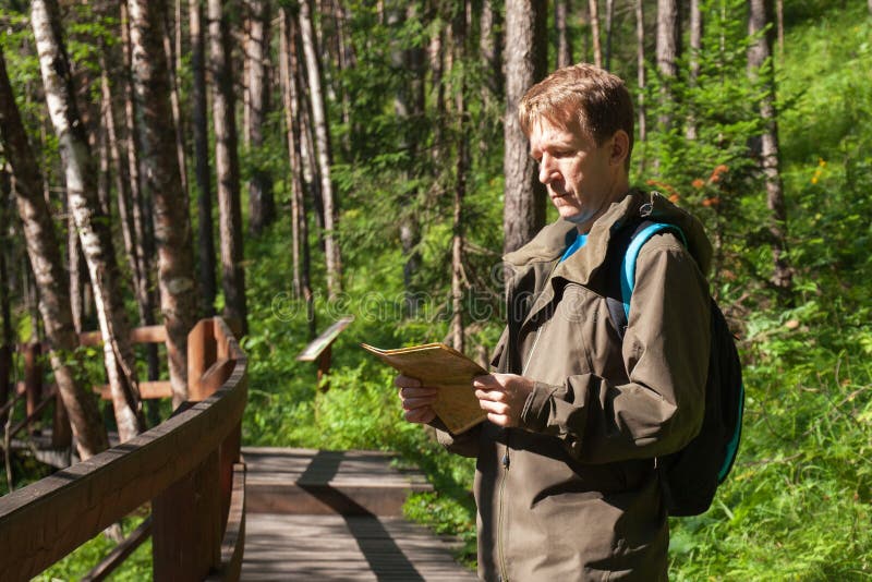 Male Tourist in the Forest Looking at the Map Stock Photo - Image of ...
