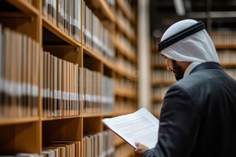 A Man in Traditional Attire Reads Documents in a Library Filled with ...