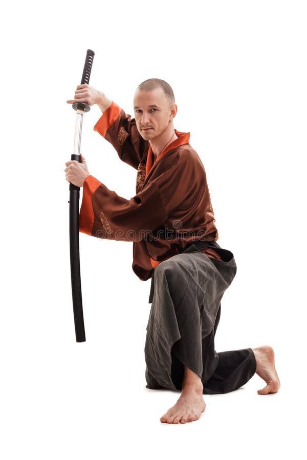 Man in Traditional Chinese in Studio with a Sword Stock Photo - Image ...