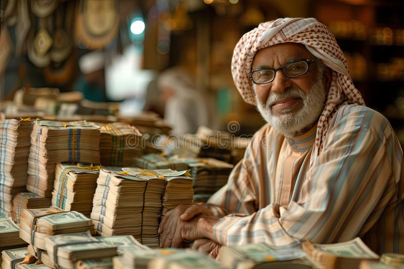 Middle Eastern Man Counting Stacks of Cash in a Bazaar. Generative AI ...