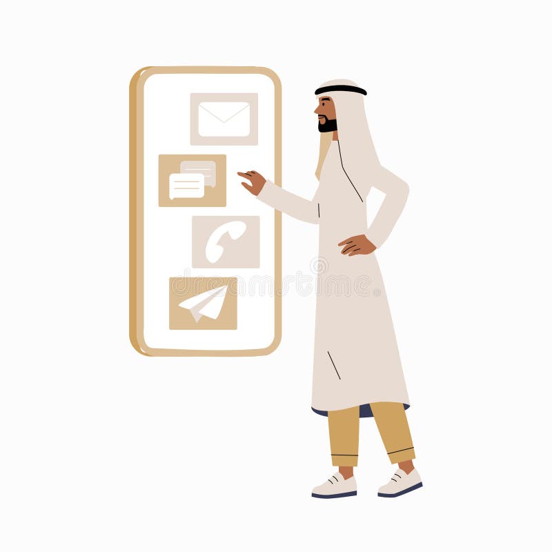 Man in Traditional Muslim Clothing Interacting with Digital Interface ...