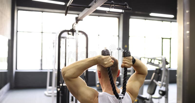 Man Trains Back Muscles and Performs Strength Exercises in Gym Stock ...