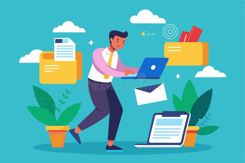 A Man is Transferring Files Using His Laptop while Managing Various ... A Man is Transferring Files Using His Laptop while Managing Various ...